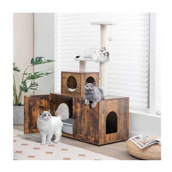 2in1 Cat Tree Litter Box Enclosure And Sisal Scratching Posts Brown ...