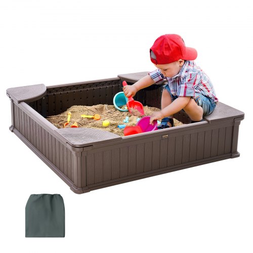 Sandbox with Cover, 48.6x48.6x12.4 in Square Sand Box, HDPE Sand Pit w ...